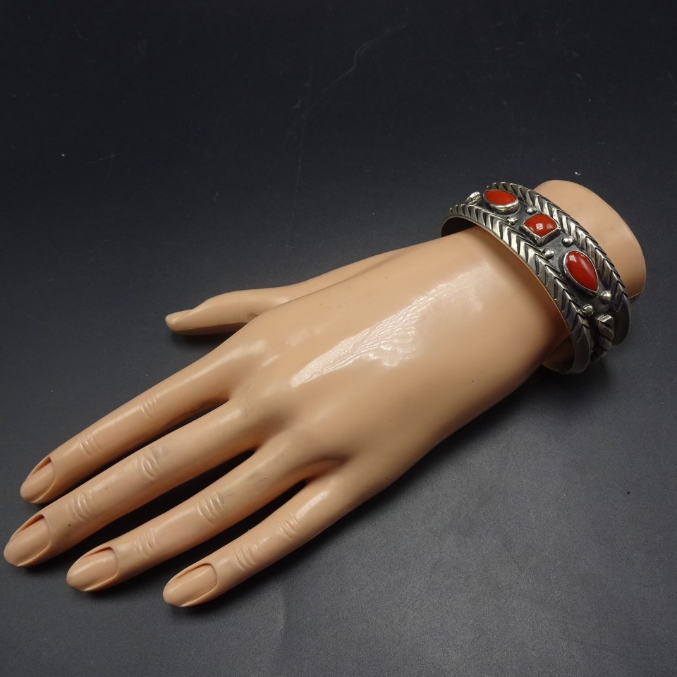 OLD Heavy Gauge CHISEL Stamped Sterling Silver CORAL Cuff BRACELET 60g ...