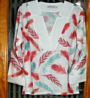 SIZE M MISS LOOK IVORY WITH PEACH, PINK GREEN LEAVES V-NECK PULLOVER ...