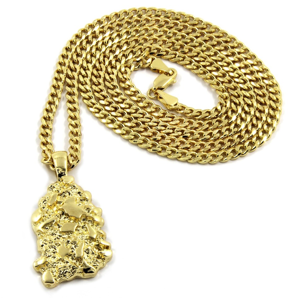 Mens 14K Gold Plated Nugget Pendant Hip-Hop 3mm/30" Cuban Chain | eBay