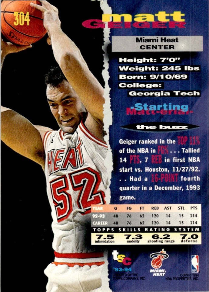 1993-94 Stadium Club Basketball Card Matt Geiger Miami Heat #304 | eBay