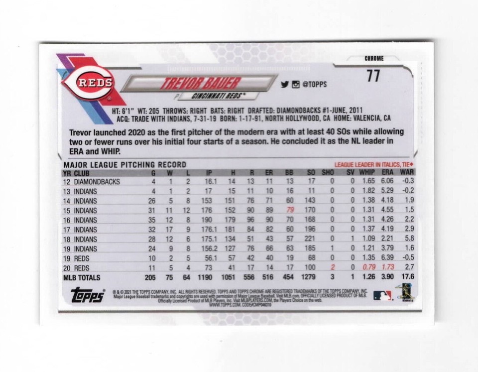 2021 Topps Chrome #77 Trevor Bauer Mint | eBay