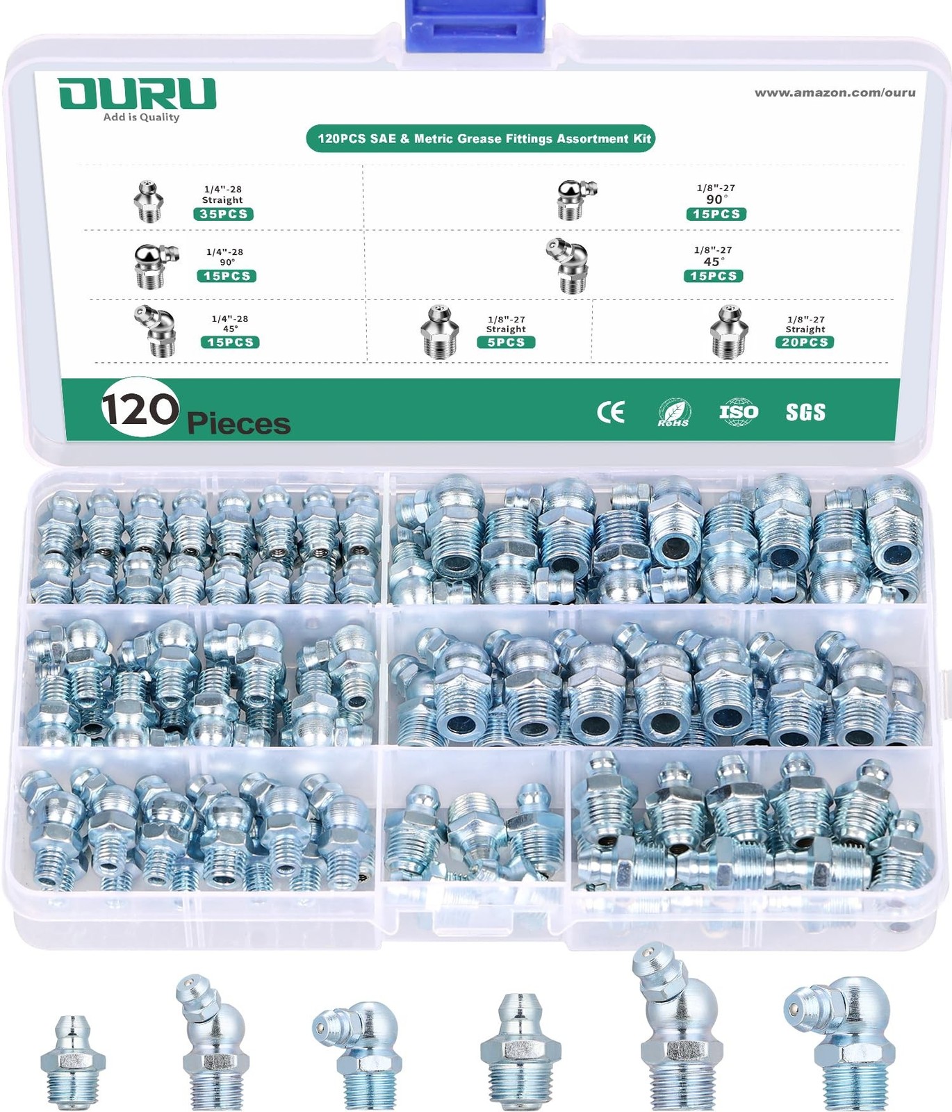 120PCS SAE Grease Fittings Assortment,NPT 1/4" 1/8" Zerk Grease ...
