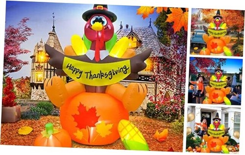 6FT Thanksgiving Inflatable Turkey Sits on Pumpkin Inflatable Indoor or ...