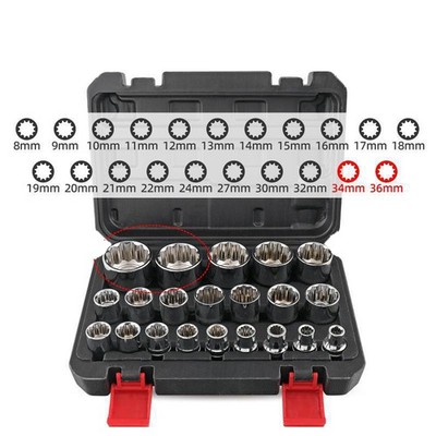 21PCS Spline Socket Set Metric 12 PT Point 1/2" Dr Gear Wall Rounded 8 ...