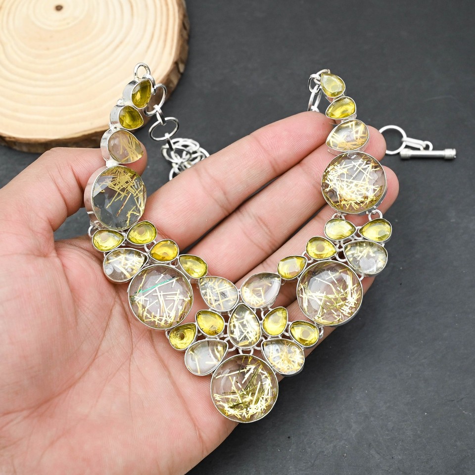 Golden Rutile Citrine Gemstone 925 Sterling Silver Jewelry Necklace 18 ...