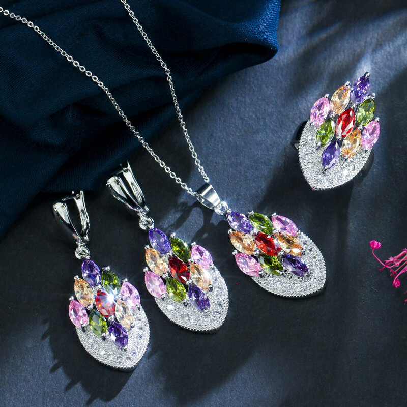 Vintage CZ Multicolor Ring Pendant Necklace Huggie Earrings Party ...