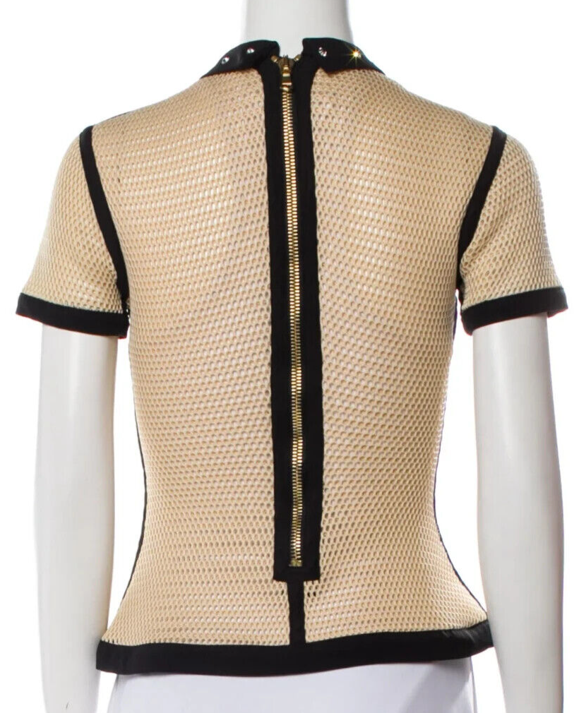 Moschino Scuba Mesh Top Rhinestone Black Collar Expose Gold Zipper USA ...