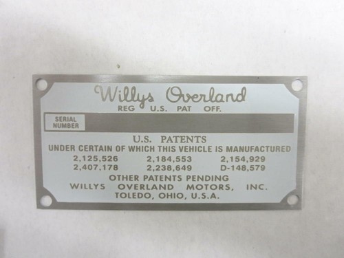 Vintage Willys Military Jeep M38 M38A1 G740 G758 Patent Data Plate | eBay