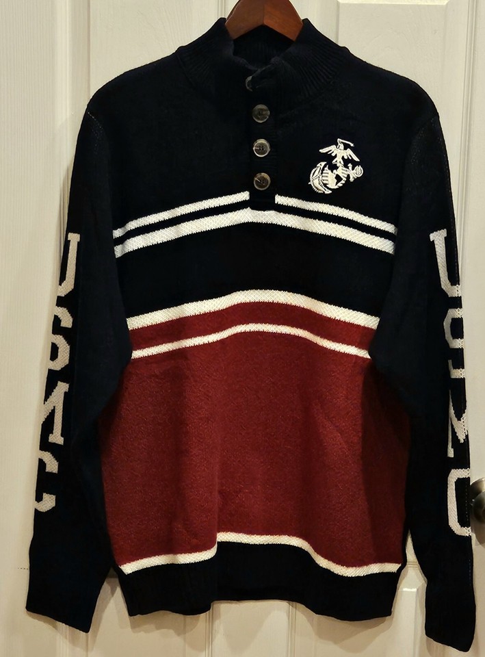 Bradford Exchange USMC USA Henley Knit Sweater Marine Corps Blue Red ...