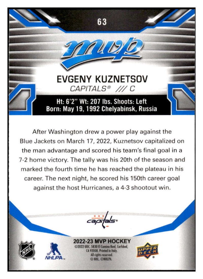 Evgeny Kuznetsov 2022-23 Upper Deck MVP Blue Script #63 NHL Capitals ID:65533 | eBay