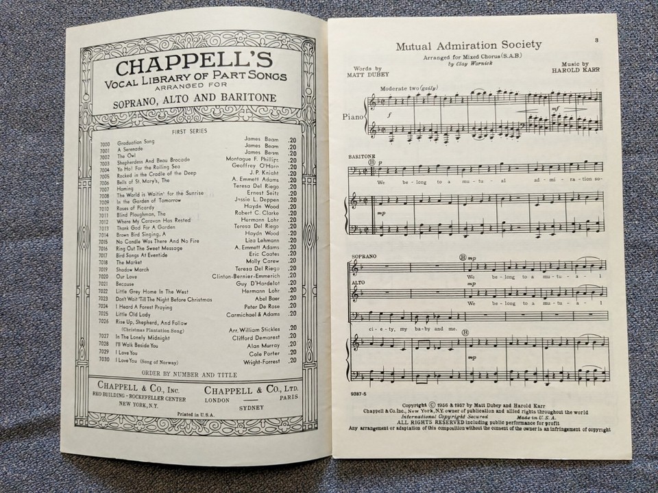 Mutual Admiration Society SAB Chappell's Vocal Library 1957 | eBay