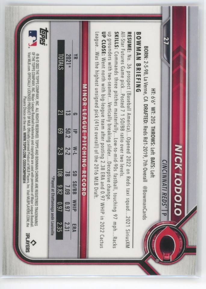 NICK LODOLO 2022 BOWMAN CHROME ROOKIE #27 RC QTY | eBay