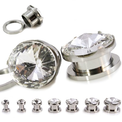 Prong Set CZ Screw Gem Plug Stainless Steel Gauges PAIR 4G 2G 0G 00G 11 ...