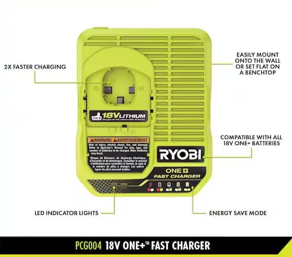 RYOBI PCG004 18V Fast Charger – Rapid Charge for All ONE+ Lithium ...