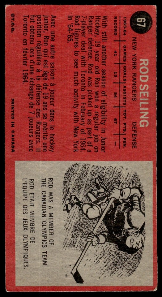 1964-65 Topps Hockey VG-EX Rod Seiling Rookie New York Rangers #67 | eBay