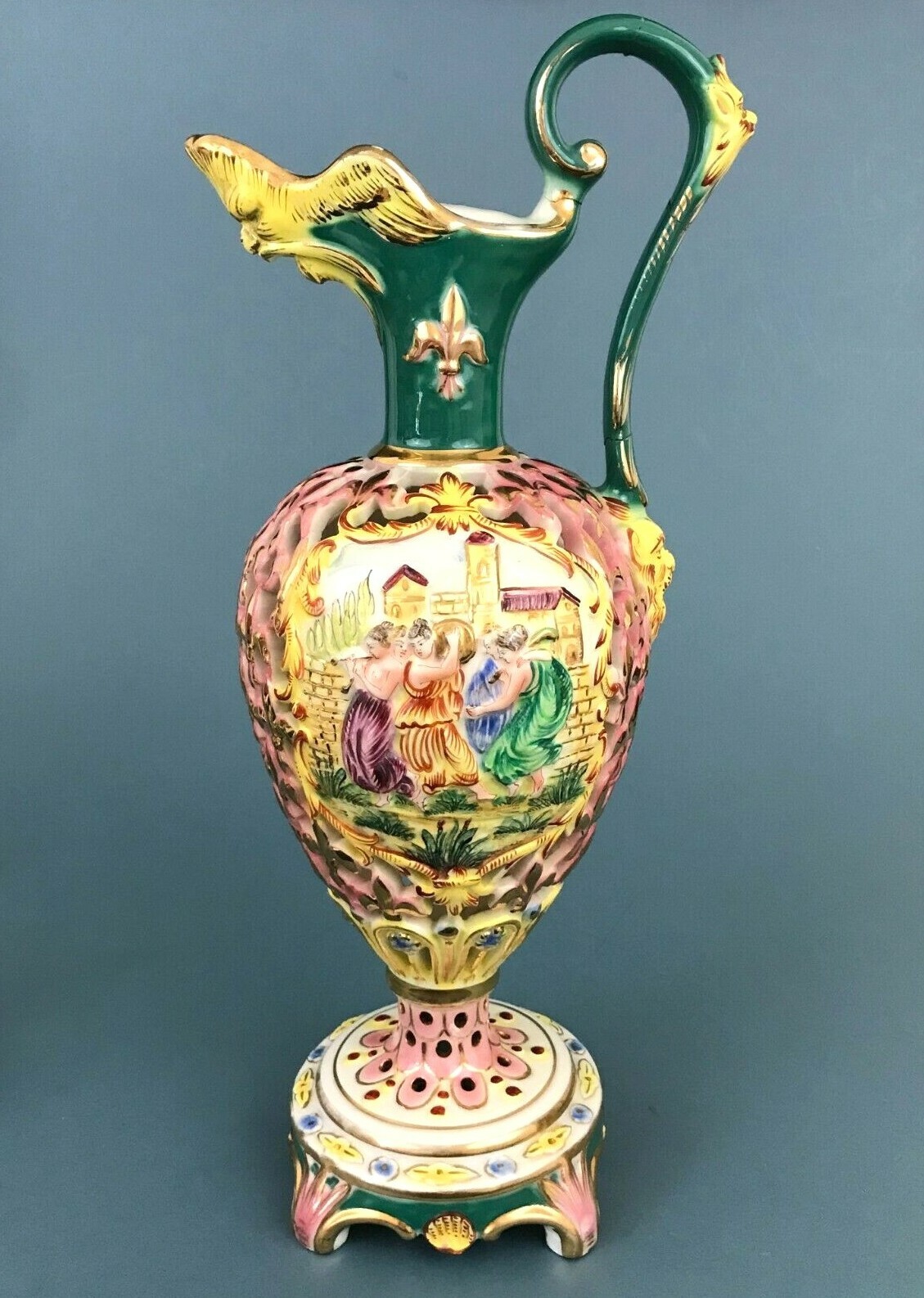 ATQ Capodimonte Italy Porcelain Open Work Relief Fairies Pitcher Vase ...