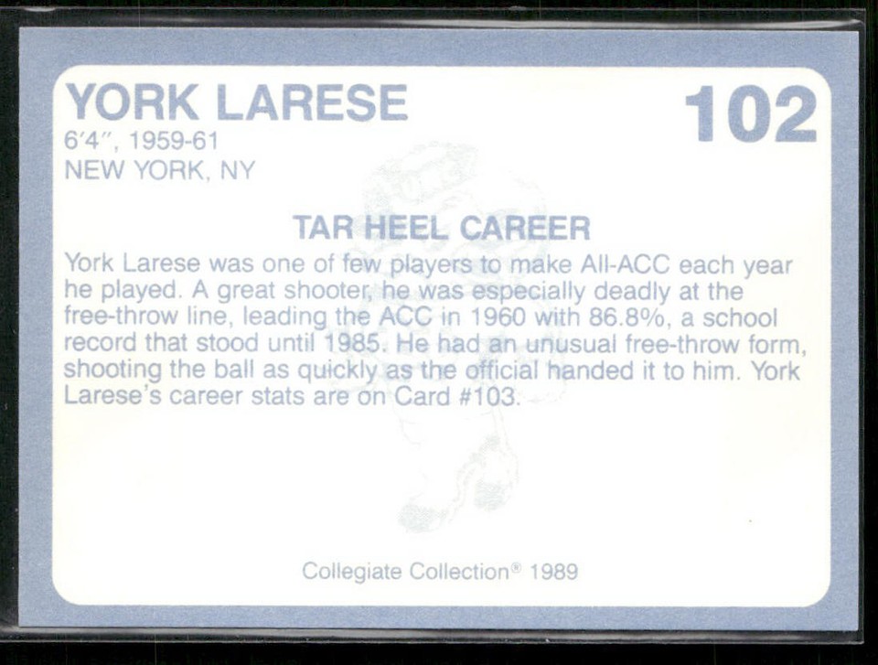 1989 Collegiate Collection North Carolina's Finest #102 York Larese | eBay