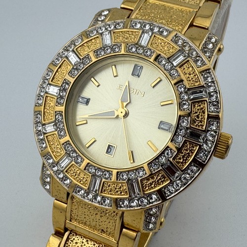 Elgin Quartz Watch Men 30m Gold Tone Crystals Date Analog New Battery 8 ...