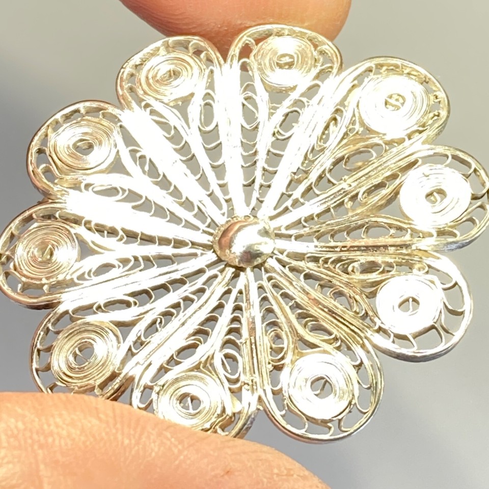 Filigree Flower Brooch Pin Handmade Tested Sterling Silver 925 1 5/8 ...