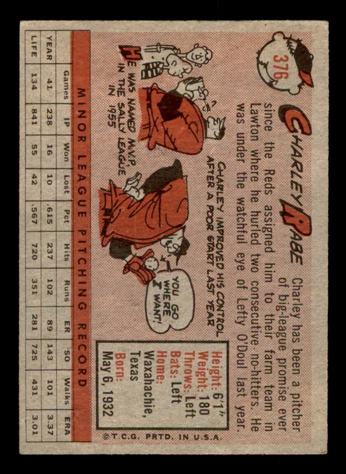 1958 Topps Baseball #376 Charley Rabe GD *e1 | eBay