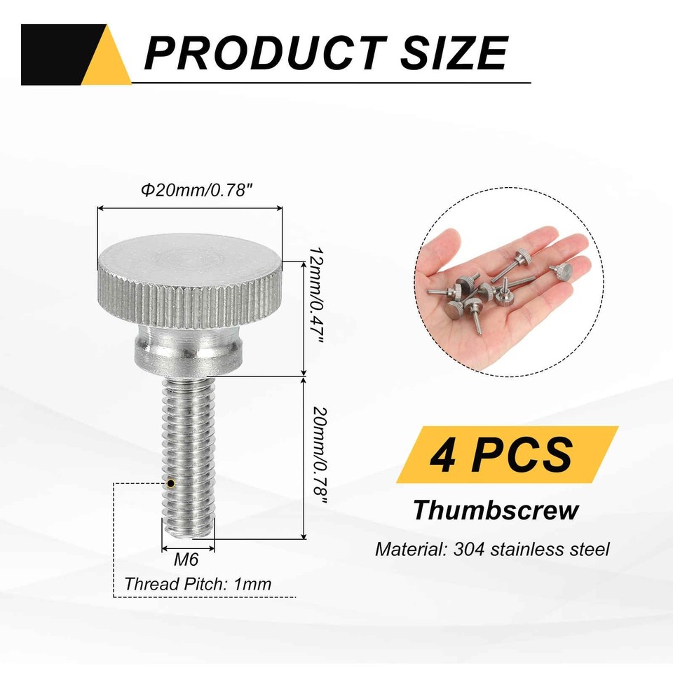 4 PCS M6 x 20mm Flat Knurled Head Thumb Screws 304 Stainless Steel ...