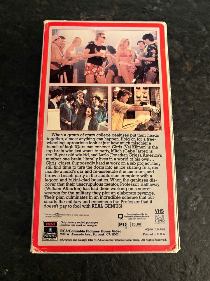 Real Genius (VHS 1985 RCA Columbia) Original Side Flap Val Kilmer Gabe ...
