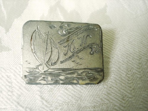 Vintage Silver Tone Pin Brooch With Etched Sailing Ship Monogram ...