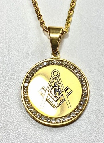 Mens 14k Gold Mason Symbol G Masonic Freemason Iced Pendant Rope Chain ...