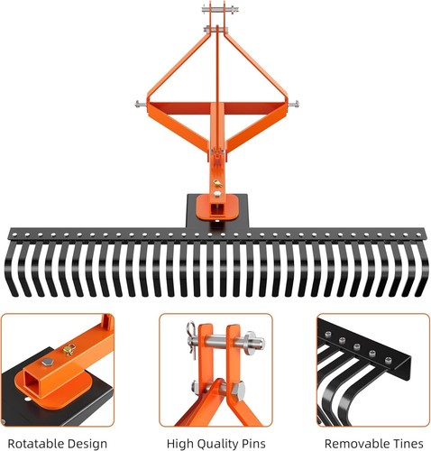3 Point 60'' Landscape Rock Rake for Category 1 Tractor Attachment ...