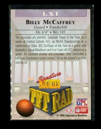 1994 SIGNATURE RC AUTOGRAPH Basketball Card LXI BILLY MCCAFFREY ...