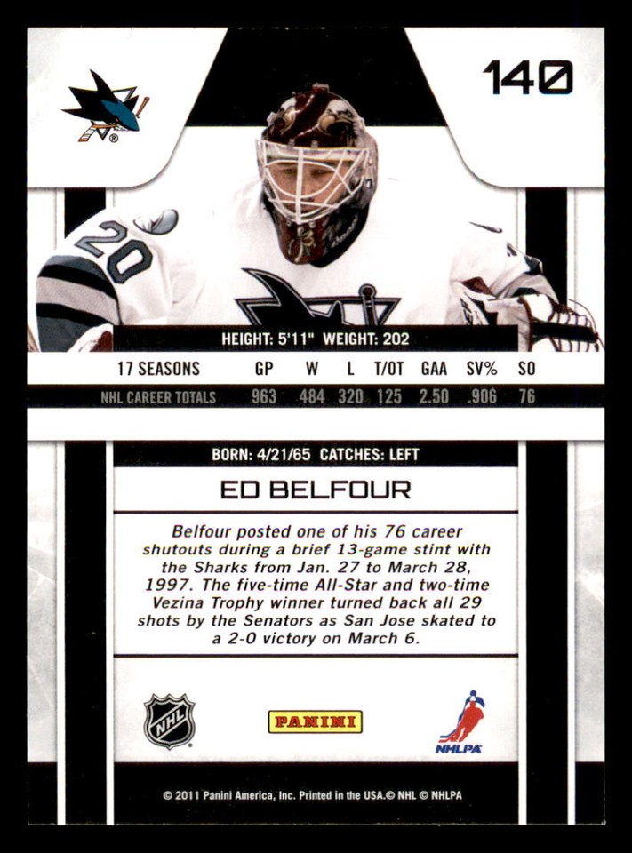 2010-11 Panini Zenith #140 Ed Belfour San Jose Sharks | eBay