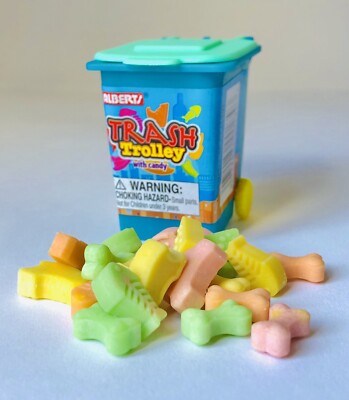 Vintage 1994 Alberts TRASH TROLLEY Garbage Candy Container AQUA BLUE | eBay
