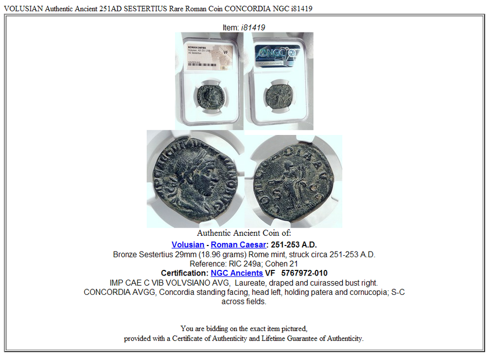 VOLUSIAN Authentic Ancient 251AD SESTERTIUS Rare Roman Coin CONCORDIA ...