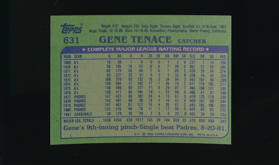 1982 Topps #631 Gene Tenace * Catcher * St. Louis Cardinals * EX-MT/NM ...