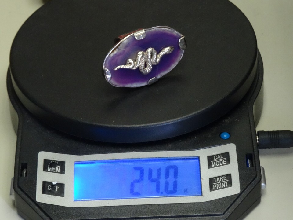 RARE PURPLE AGATE GEODE with SNAKE HAMMERED STERLING SILVER RING sz 9 ...