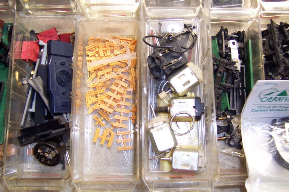 HO Train Parts large lot 24 bins trucks couplers motors railings others ...