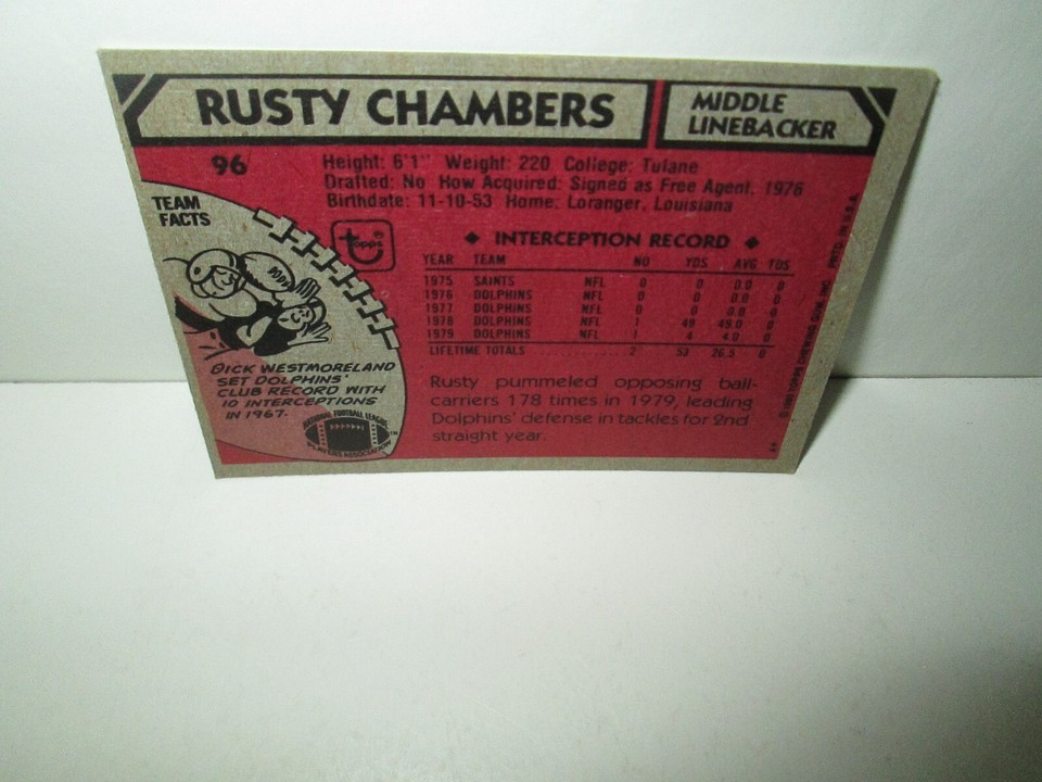 RUSTY CHAMBERS 1980 FOOTBALL CARD Topps #96 Rookie Rc MIAMI DOLPHINS LB ...