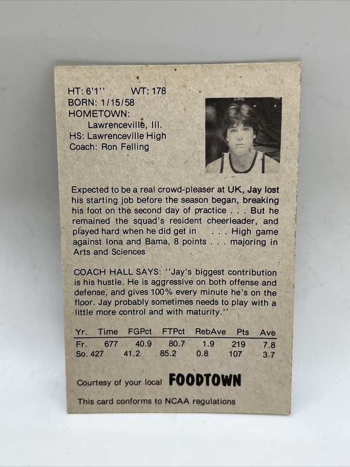 Jay Shidler 1978-79 Kentucky Wildcats Basketball Card Foodtown Food ...