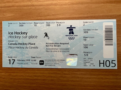 O - 2010 Vancouver Olympic Games Ticket - Ice Hockey - 17 FEB (TAR) | eBay