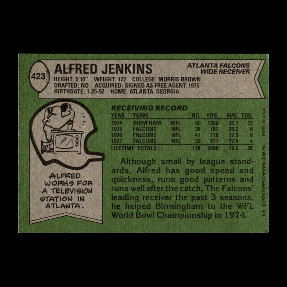 Alfred Jenkins 1978 Topps Rookie Atlanta Falcons #423 R309D | eBay