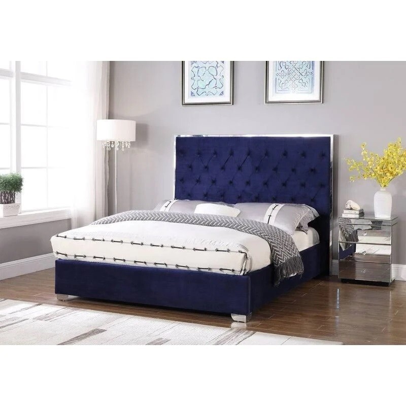 Velvet Upholstered E King Size Bed, SS Chrome Frame Tufted HB Platform ...