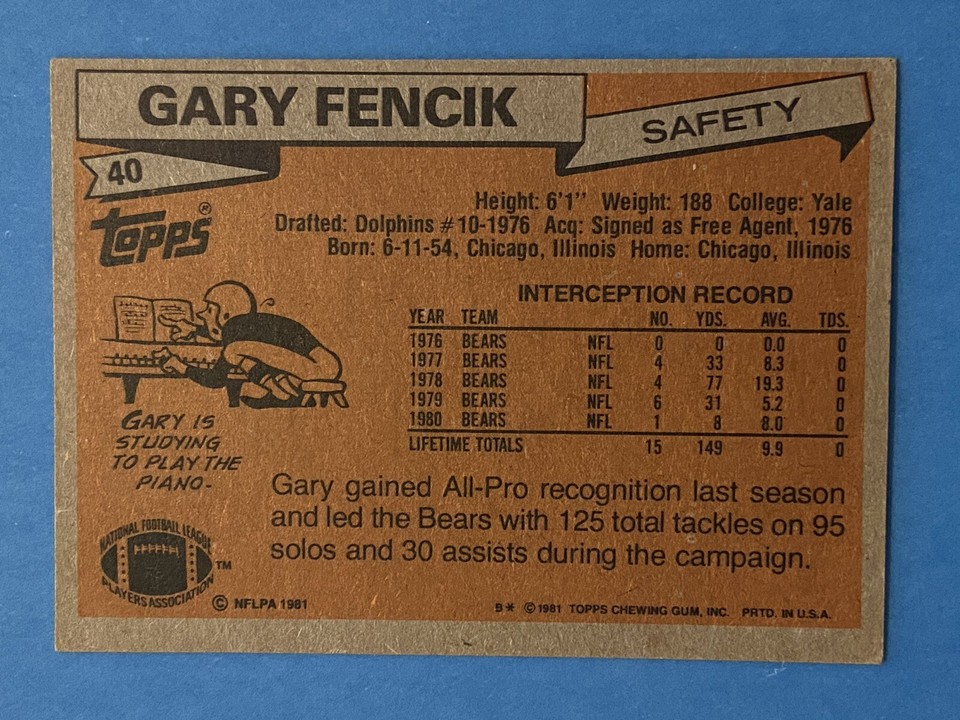 GARY FENCIK Signed 1981 Topps #40 Chicago Bears Yale Bulldogs Autograph ...