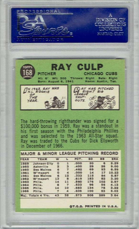 1967 Topps Ray Culp #168 Chicago Cubs PSA 9 MINT!! | eBay