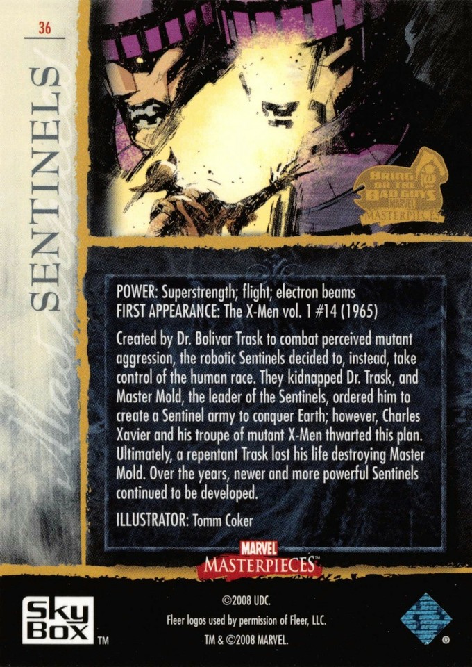 SENTINELS / Marvel Masterpieces Set 3 (UD 2008) BASE Trading Card #36 ...