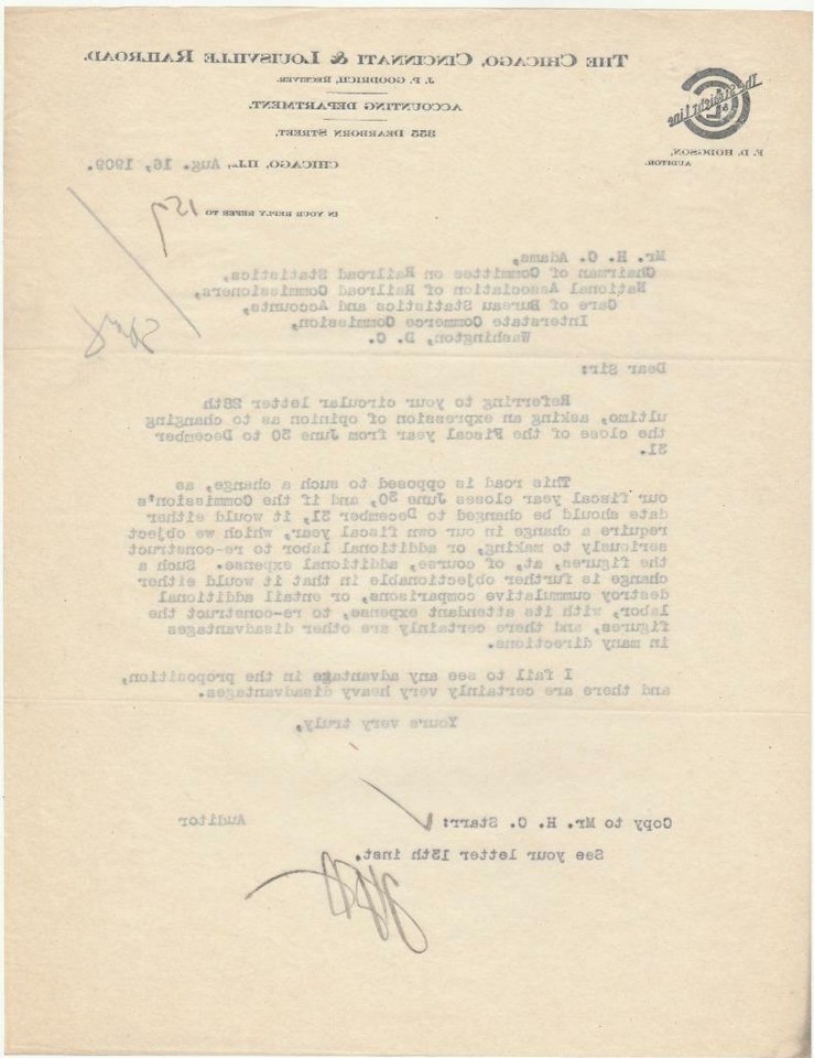 1909 Letter Chicago, Cincinnati, & Louisville Railroad Chicago ...