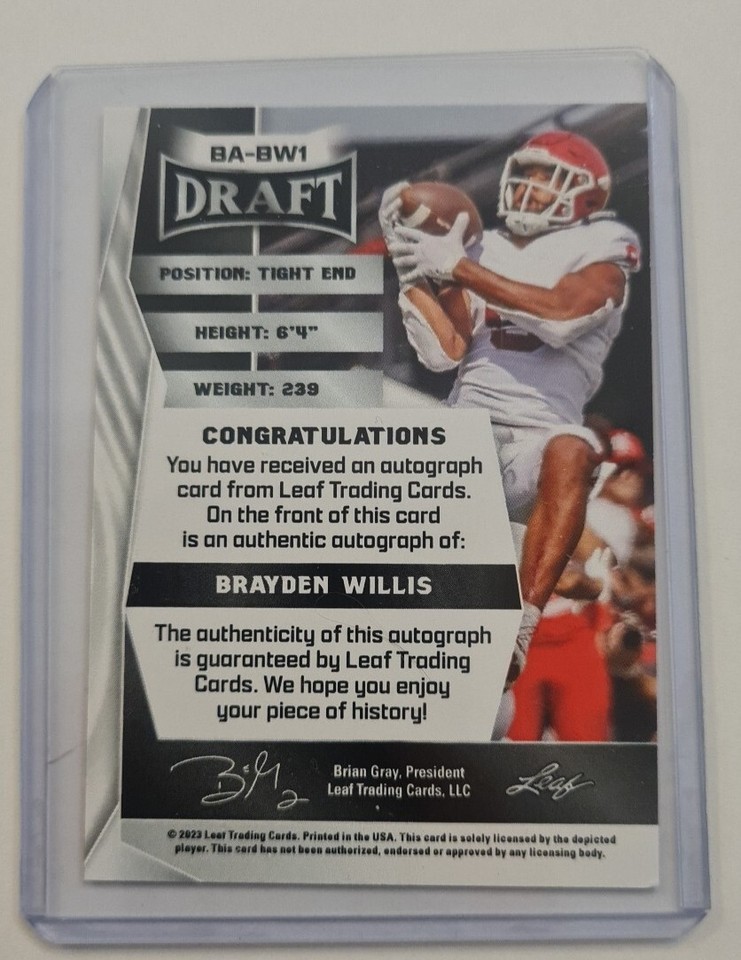 Brayden Willis 2023 Leaf Draft Auto Red #BA-BW1 Auto Sooners 49ers ...