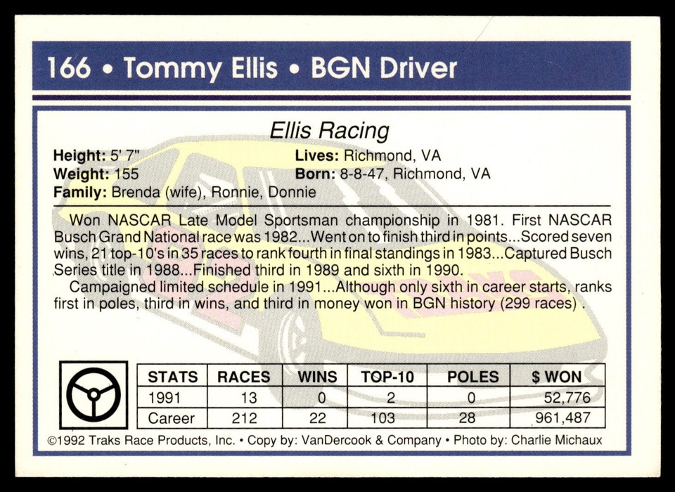 1992 Traks Tommy Ellis #166 Ellis Racing | eBay
