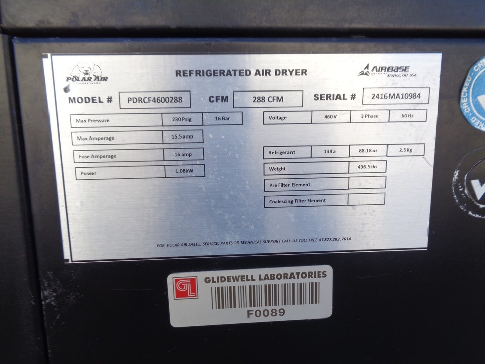 Eaton Polar Air PDRCF4600288 288 CFM refrigerated air dryer compressor ...