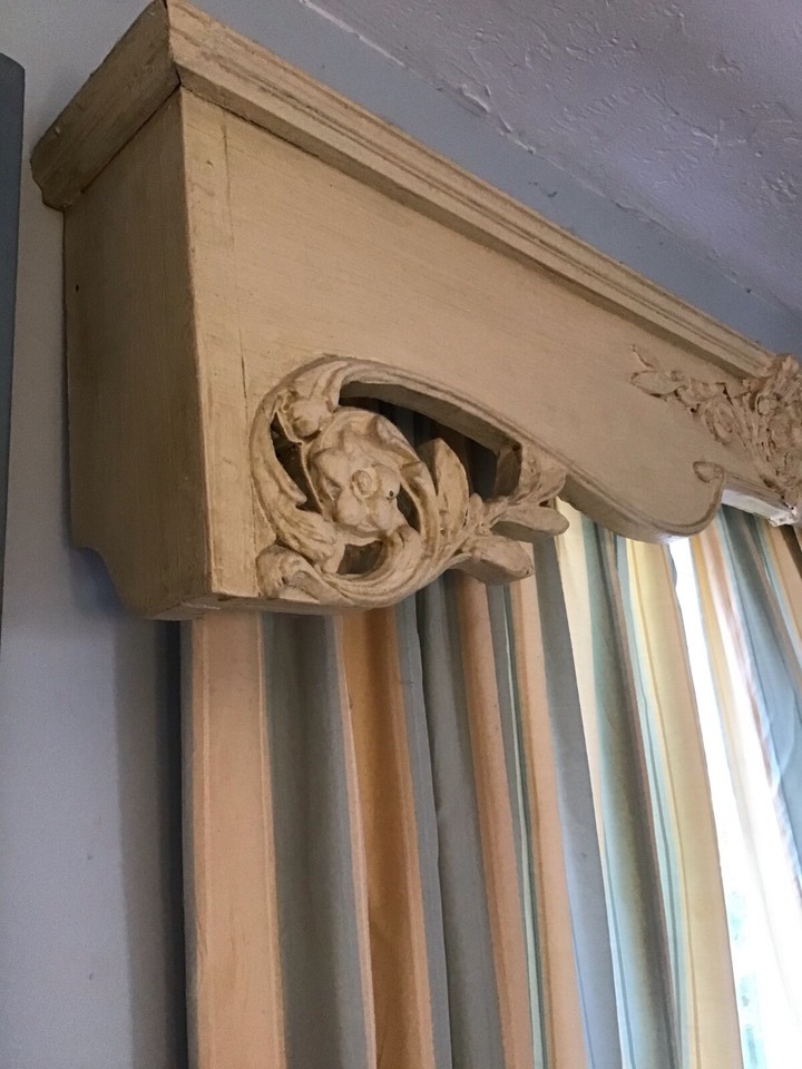Antique Pair of Painted Wood Carved Window Cornice Valance w Brass Rods ...