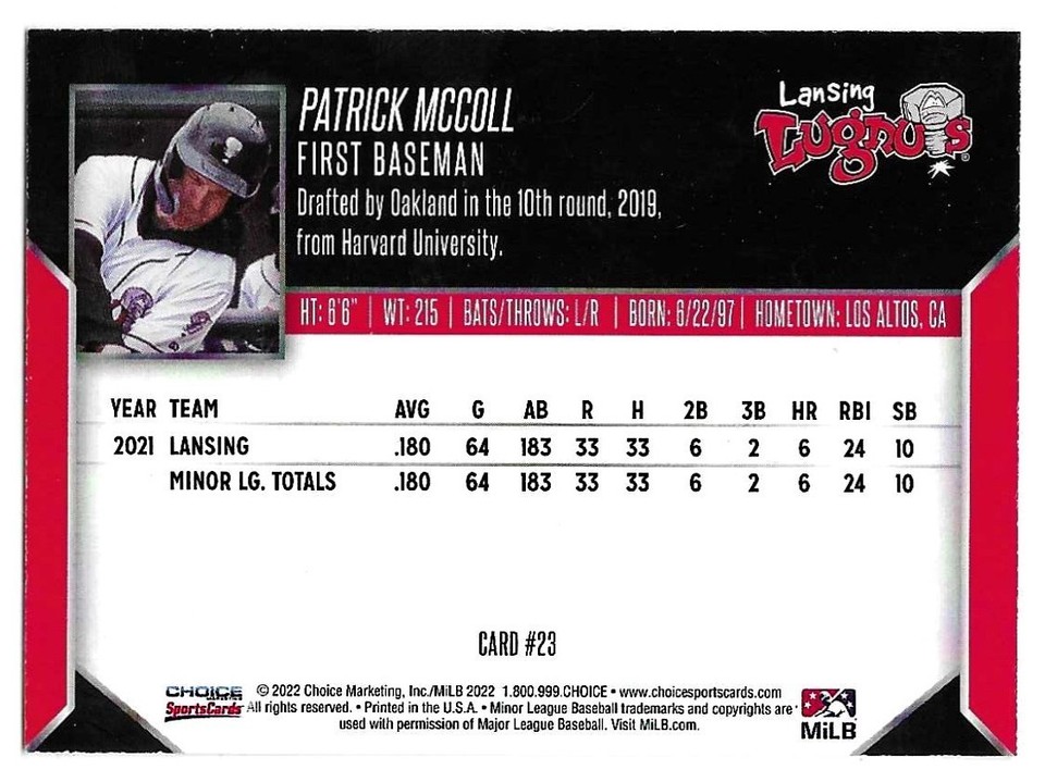 Patrick McColl Rookie 2022 Choice Lansing Lugnuts #23 Oakland A's | eBay